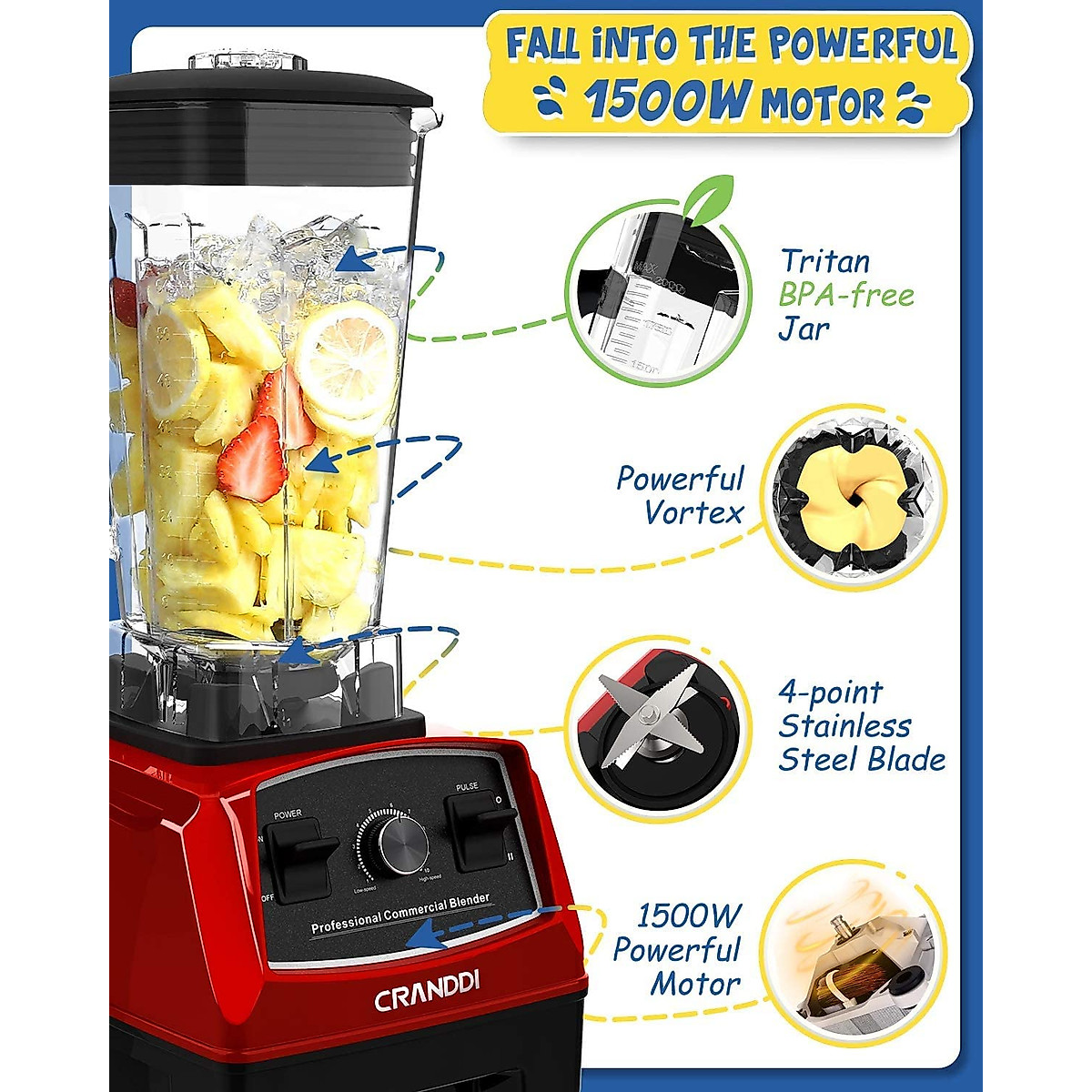 CRANDDI Professional Blender,1500 Watt Commercial Blenders for Kitchen with 70oz BPA-Free Pitcher and Self-Cleaning, Countertop Blenders for Shakes and Smoothies, Build-in Pulse, YL-010-R
