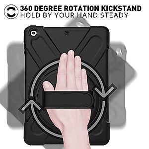 ZenRich iPad 5th/6th Generation Case, iPad 9.7 Case 2017/2018 with Rotatable Kickstand,Hand Strap and Shoulder Strap zenrich Heavy Duty Shockproof Case for A1822/A1823/A1893/A1954,Black