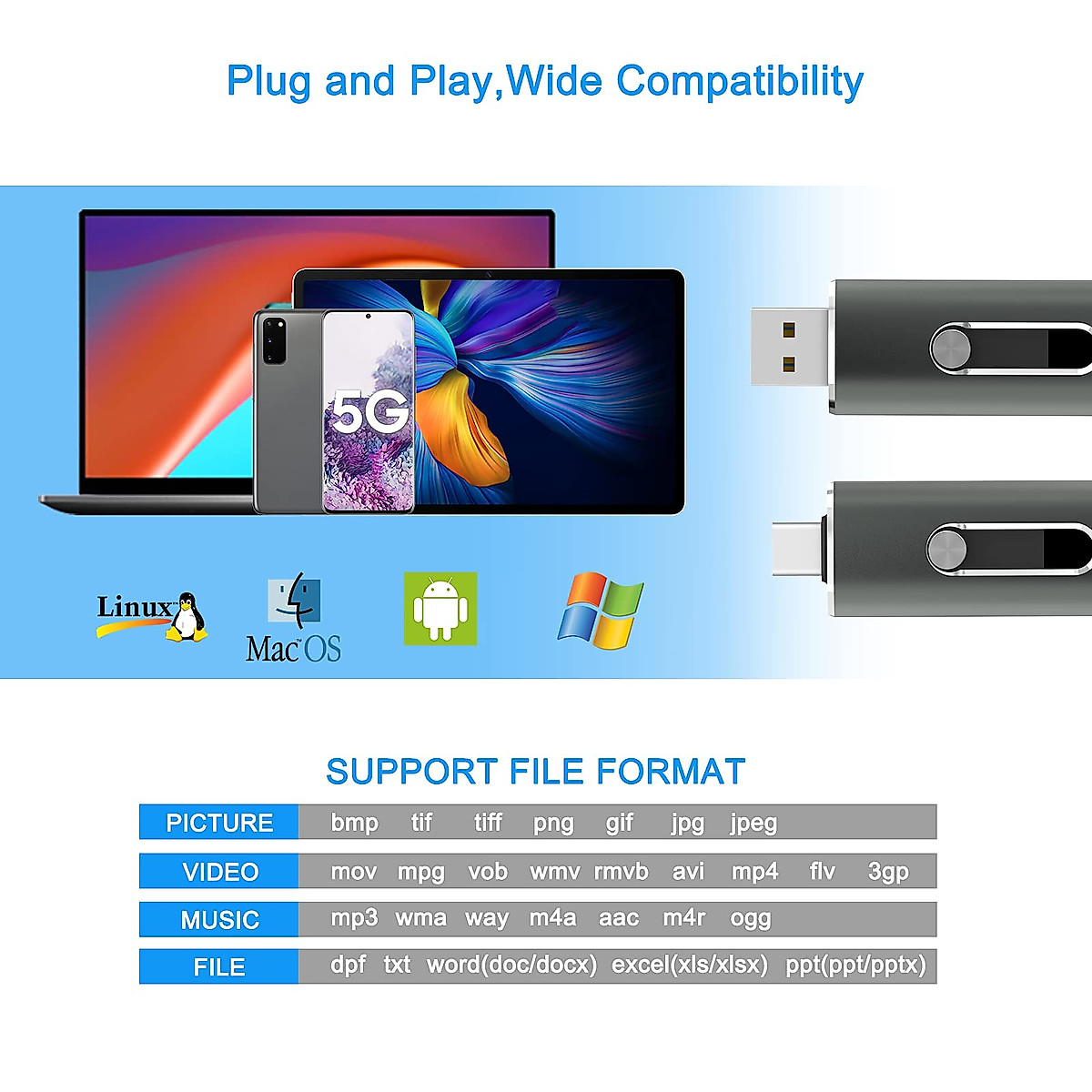 128GB USB C Thumb Drive, KOOTION USB 3.0 Flash Drive Dual Type-C USB Stick High-Speed Jump Drive Aluminum Alloy Photo Memory Stick for Smartphone Mac Laptop