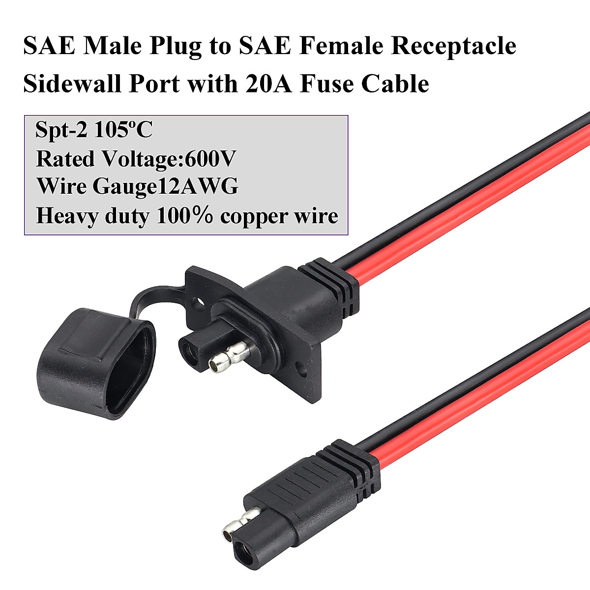 AAOTOKK SAE to SAE Solar Power Outlet Sidewall Port Cable,12AWG Weatherproof SAE Quick Connect Solar Panel Mount Universal Recessed with 20A Fuse Cable for Generator Battery Charger(1.5M/5ft-1Pack)