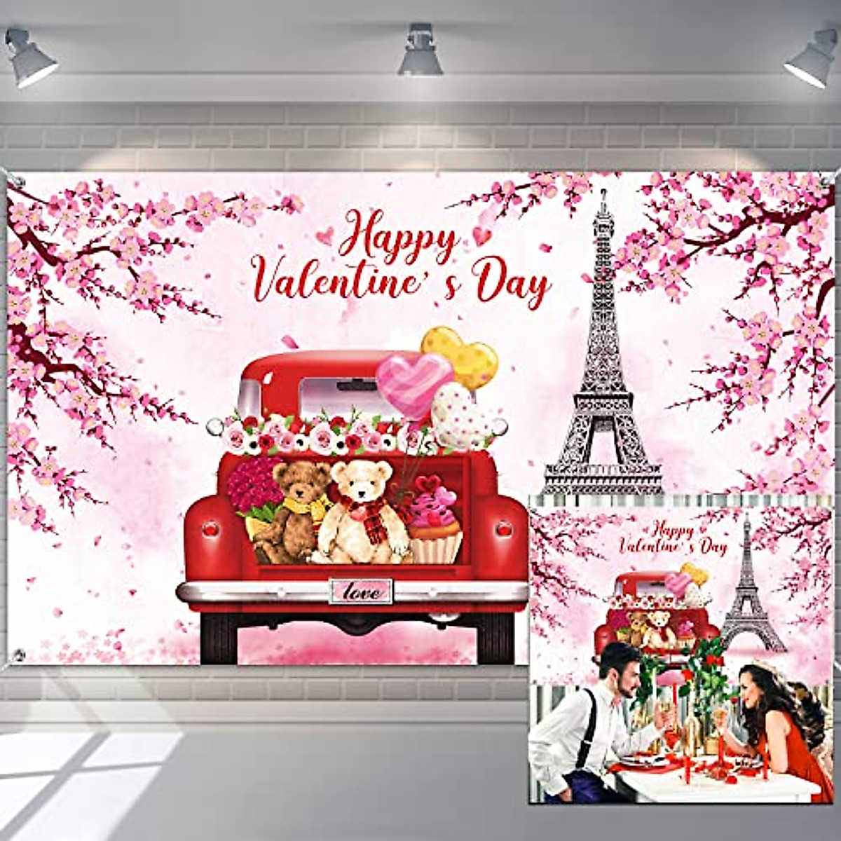 72.83 x 43.31 inch Valentine's Day Backdrop Banner Happy Valentine's Day Photography Props Backdrop Large Fabric Pink Flowers Trees Paris Eiffel Tower Banner for Valentines Party Supplies and Decor