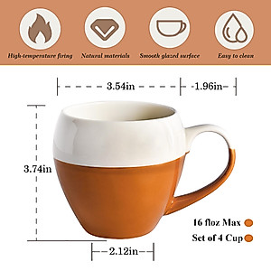 Ursword Novelty Half Glaze Ceramic Coffee Cup Set, 4 Pcs, 16oz, Microwave Safe Tableware, White-Orange
