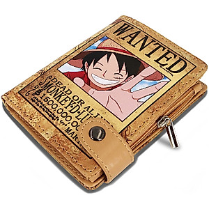 Roffatide Anime Luffy Wallets for Boys Bi-Fold Short Faux Leather Wallet Travel Slim Wallet with Zip Coin Pocket Khaki