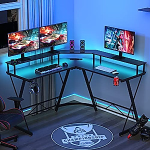 FEMOND L Shaped Gaming Desk with Led Lights & Power Outlet, Computer Corner Desk with Carbon Fiber Surface, Ergonomic Gamer Table with Cup Holder & Headphone Hook, Large Monitor Stand, Black, 50''