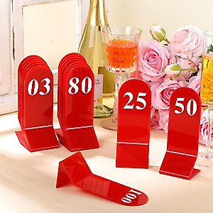 Geetery 100 Pcs Acrylic Table Numbers 1-100 Double Sided Table Number Cards Wedding Table Number Stands Restaurant Table Tent Table Number Signs for Party Banquets Supplies, 2.36 x 6.3 Inch (Red)