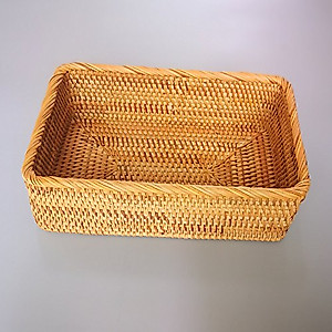 amololo Handmade Rectangle Wicker Fruit Box Rattan Tray Magazine Organizer and Small Objects Container Serving Basket (Large)