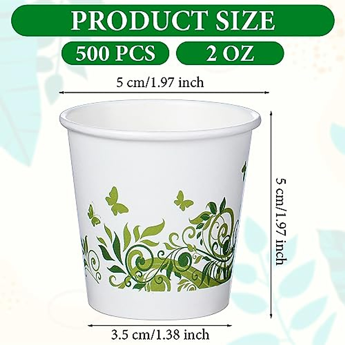 Irenare 500 Pack 2 oz Paper Cups with 2 Pcs Paper Cup Dispenser Disposable Bathroom Mouthwash Cups Green Leaf Small Hot Cold Beverage Drinking Cups for Home Kitchen Holiday Party Event Picnic Travel