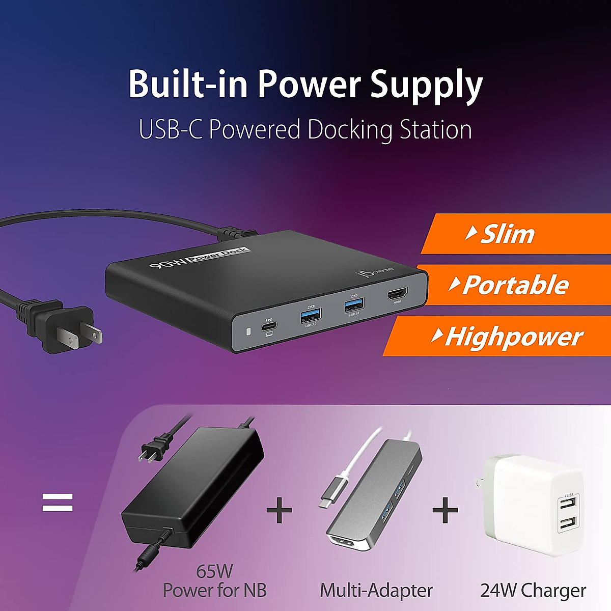 j5create USB-C Travel Dock with PD 65W Power Supply - for Travel or Business Trip - Charging Adapter Hub with 4K HDMI, USB-A x 2 - for MacBook Air/Pro 13, Surface Pro, and USB-C Laptop (JCDP392)