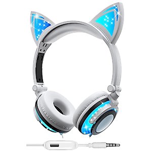 Olyre Wired Headphones with Microphone for Kids/Girls/Boys/Women,On-Ears Adjustable Stereo Foldable LED Cat Kitty Gift Headset Compatible with Computer Tablet PC iPad Smartphone(White)