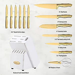 Knife Set-Marco Almond® MA21 Luxury Golden Kitchen Knife Set, Titanium Coated 14 Pieces Stainless Steel Hollow Handle Gold Kitchen Knife Set with Block by White Wash Finish Wood