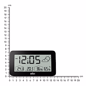 Braun Digital Weather Station Clock with Indoor and Outdoor Temperature and Humidity, Forecast, LCD Display, Quick-Set, Crescendo beep Alarm in Black, Model BC13BP.