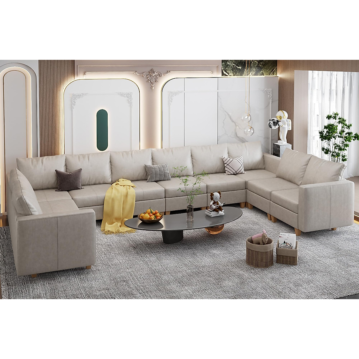 EASE MOOSE Large Sectional Sofa U Shaped Sectional Couch with Storage, Faux Leather Modular Sofa Convertible Sleeper Sofa with Reversible Chaises, Whitesand