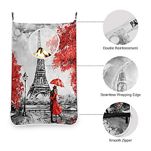 Paris Eiffel Tower Door Hanging Laundry Hamper Bag Red Tree Lovers Space Saving Wall Large Laundry Basket Storage Dirty Clothes Bags with Bottom Zippers Hooks for Bathroom Bedroom 1 Pcs