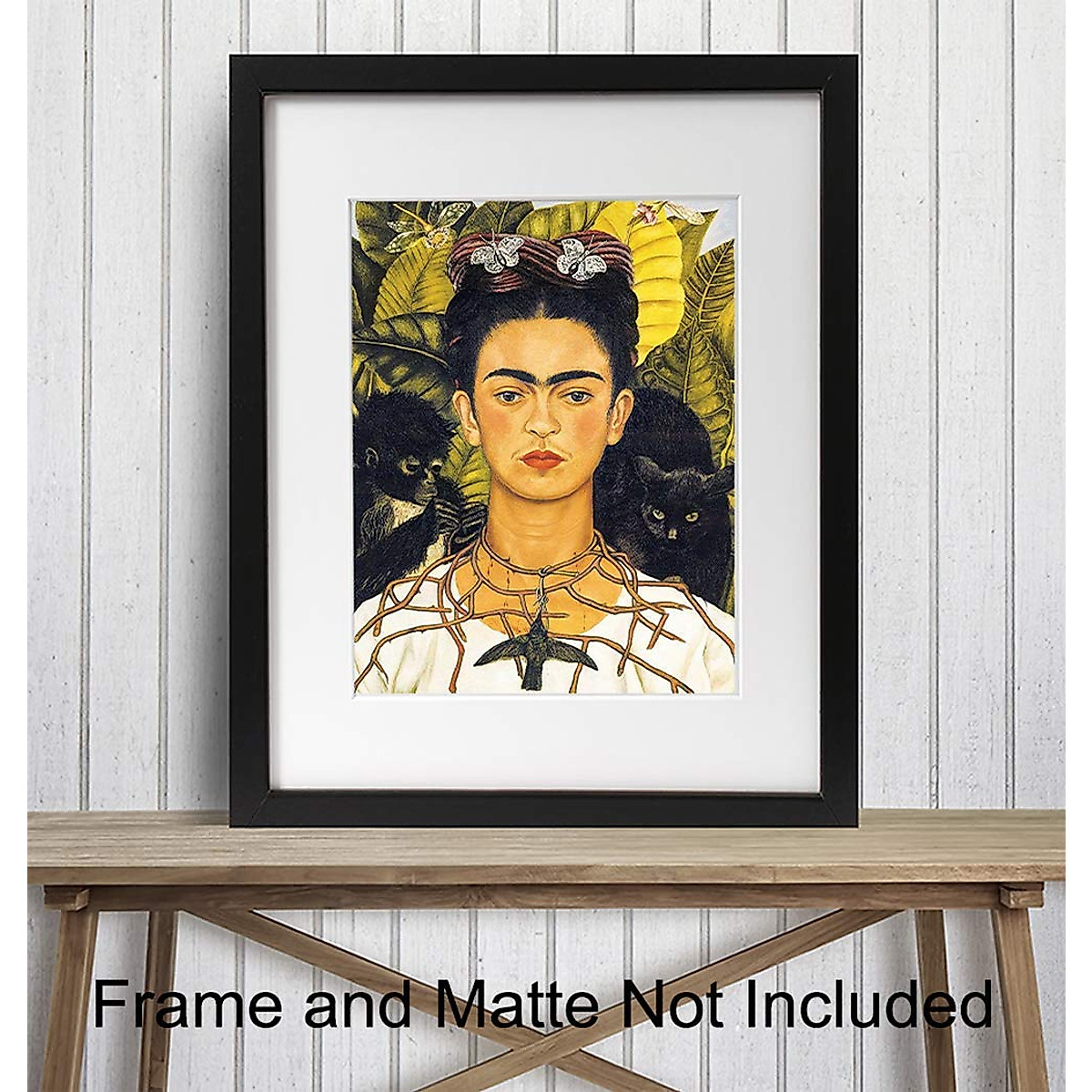 Poster - 8x10 Mexican Art Wall Decor Picture Print for Bedroom, Living Room, Home, Apartment - Gift for Women, Woman Artist - Monkey, Cat, Hummingbird Self-Portrait Painting - Unframed