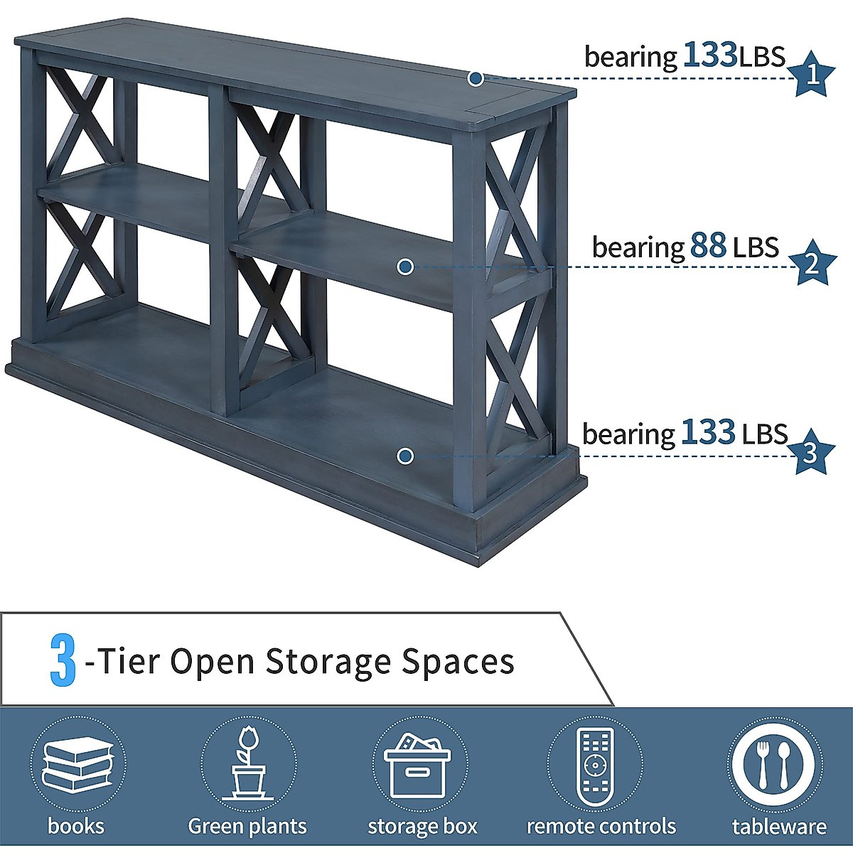 LUMISOL Narrow Industrial Console Table with 3 Tier Shelves, Entryway Table with X-Shape-Design Bookshelf, Sofa Table with Storage for Entryway, Navy Blue