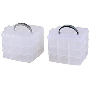 Farmoon 3 Tier Stackable Craft Storage Box with Adjustable Compartments, Small Clear Plastic Craft Box Bin, 2-Pack