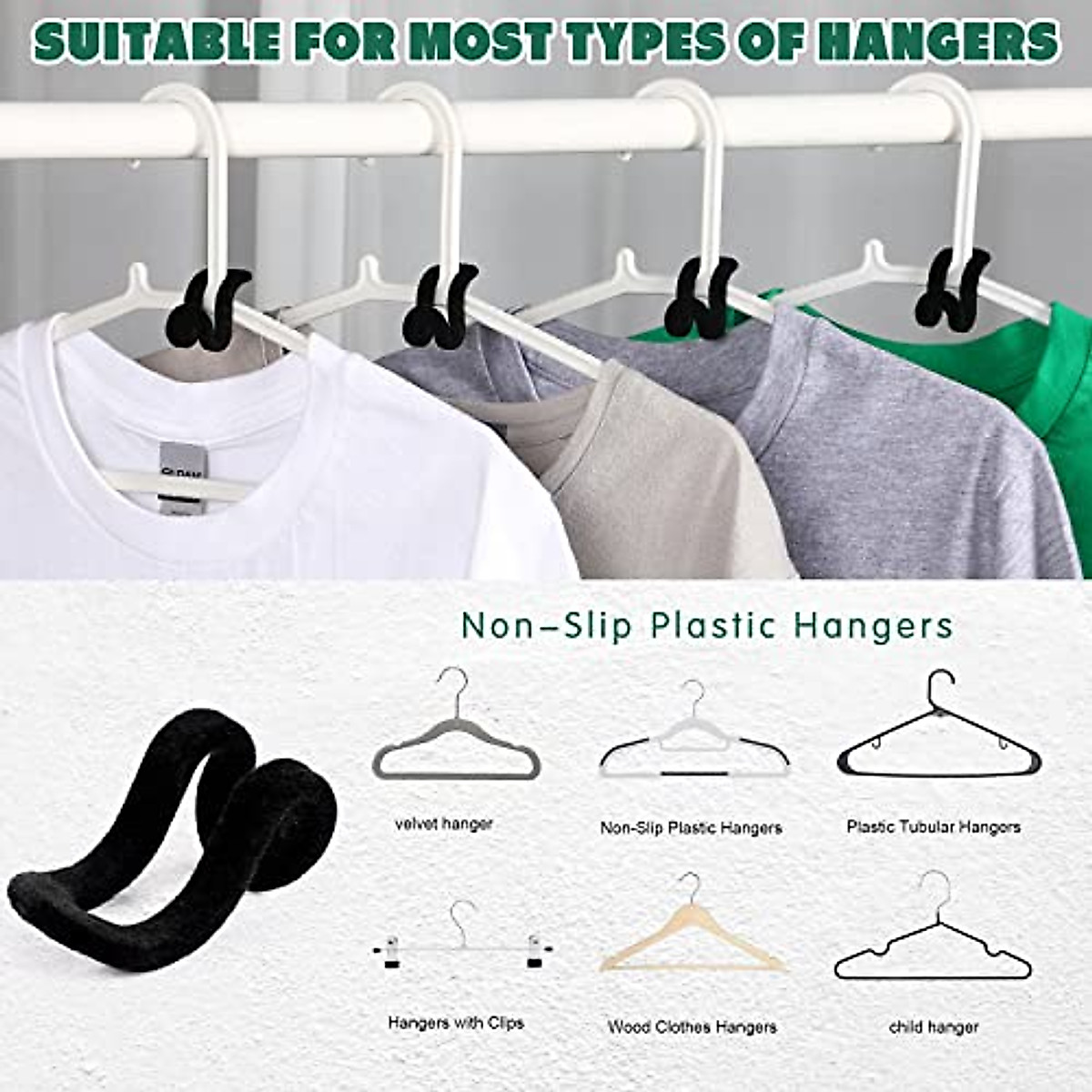 150 Pcs Velvet Clothes Hanger Connector Hooks, Hanger Extender Clips, Space Saving Cascading Hanger Hooks for Organizer Closet, Black