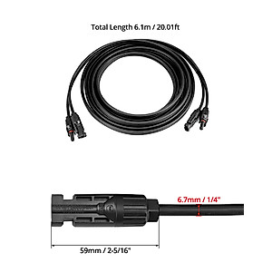 QWORK Solar Cable: 20-ft 2x10 AWG Twin Wire Solar Extension Cable, Copper Strand, Complete with Female and Male Connectors - Ideal for Homes, Shops, and RV Solar Panels