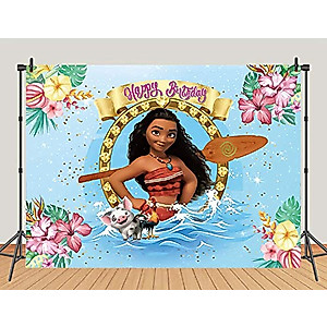 Summer Beach Baby Moana Theme Backdrops Pink Flowers Blue Water Girls 1St Birthday Party Photography Background Baby Shower Moana Cake Table Decoration Banner Photo Studio Props 5x3ft