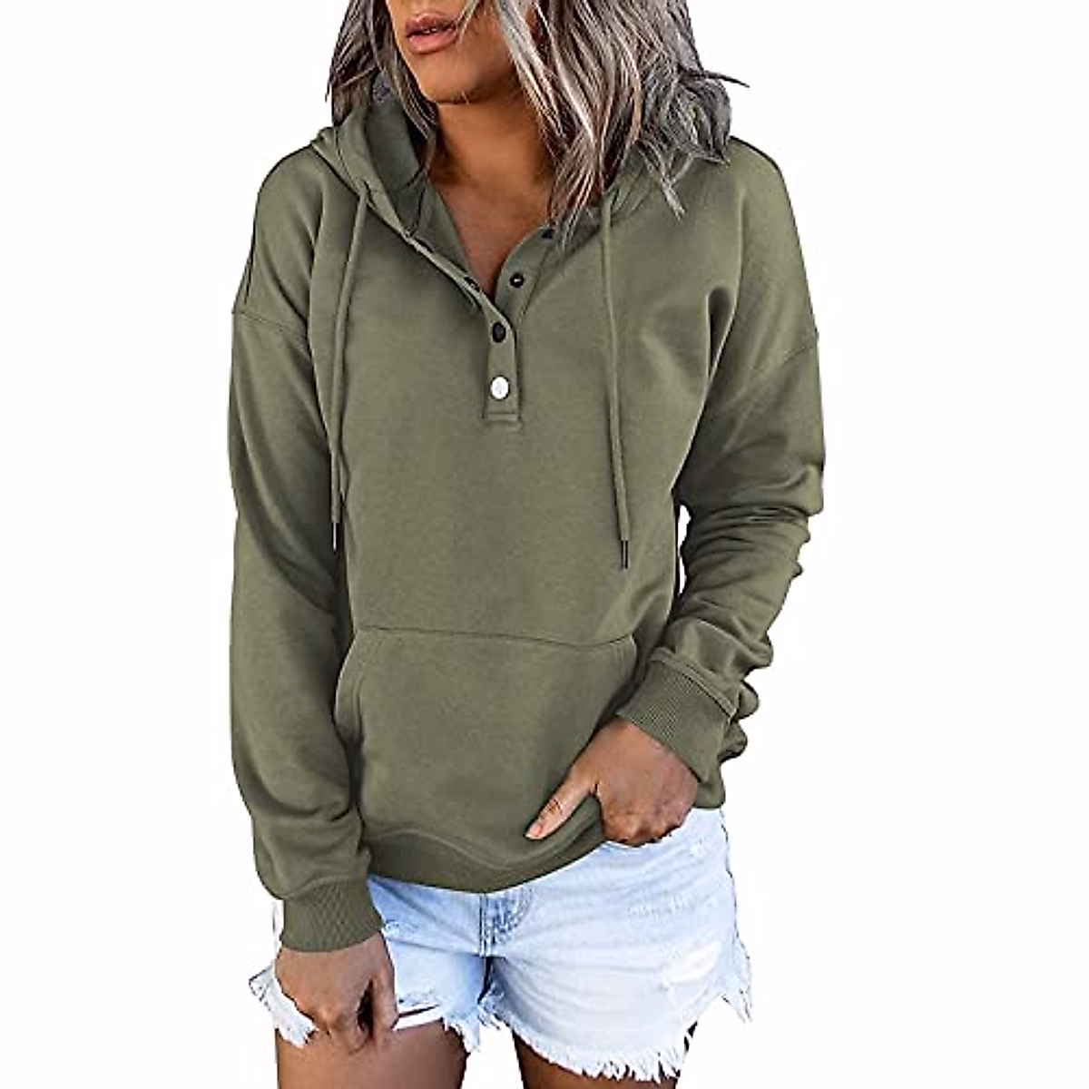 Baralonly Hoodies for Women, Womens Button Down Pullover Shirts Casual Long Sleeve Drawstring Sweatshirts Tops with Pocket