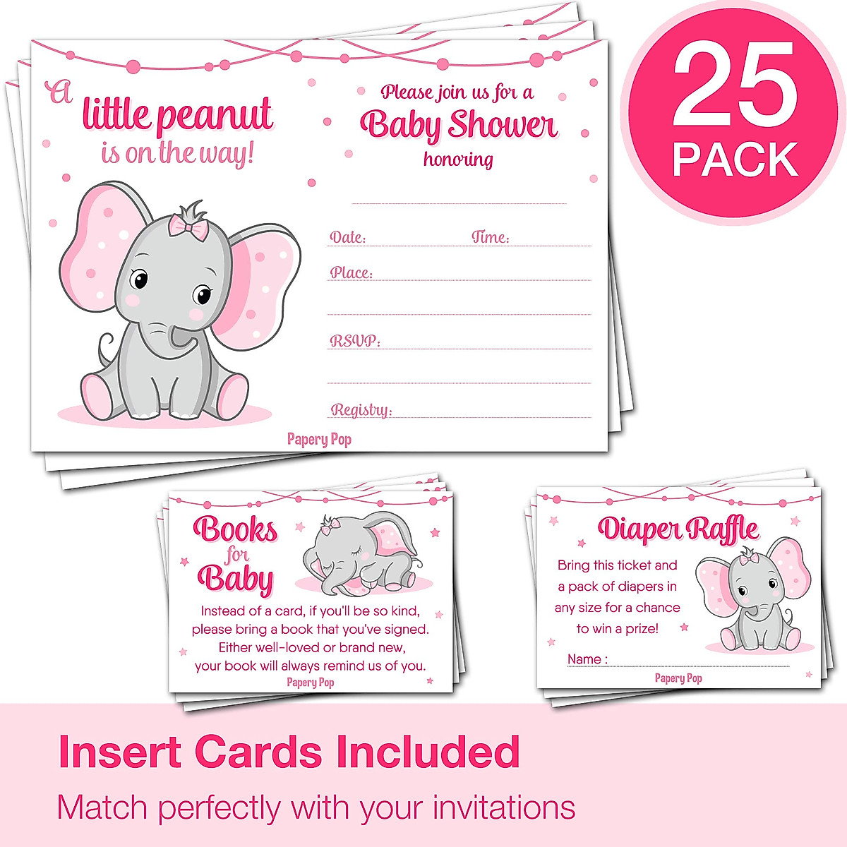 Set of 25 Baby Shower Invitations for Girl with Enveloppes, Diaper Raffle Tickets and Baby Shower Book Request Cards - Elephant