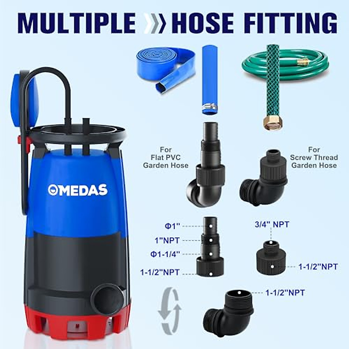 MEDAS 1HP 750W 4623GPH Submersible Sump Pump Electric 3 in 1 Clean/Dirty Water Utility Water Pumps w/Float Switch and Long 16.4ft Cable for Quickly Water Removal Drainage Pool Garden Tub Pond Flood