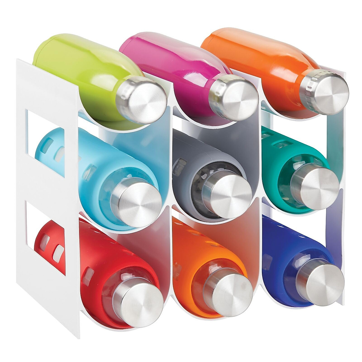 mDesign Plastic Free-Standing Water Bottle Organization/Wine Rack Storage Organizer for Kitchen Countertops, Cabinet, Bin, Pantry, Fridge, Refrigerator, 3 Tiers, 9 Bottles, Lumiere Collection - White