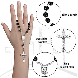 4 Pieces Auto Rosary for Rearview Mirror Pearl Glass Beads Catholic Bracelet Rosary Beads Catholic for Woman Men Car Rosary with Cross Crucifix Rosary Necklace Hanging Accessories (Black Beads)