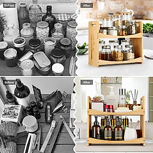 VIEWALL Spice Rack Organizer for Cabinet, Bamboo 2 Tiers Spice Rack Countertop Shelf Corner Shelf for Kitchen, Cabinet, Pantry