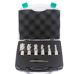 OSCARBIDE Annular Cutter Set 7 Pieces 3/4" Weldon Shank 1"Cutting Depth,1/2 to 1-1/16 inch Diameter,2 Flats Annular Cutters HSS Mag Drill Bits Kit for Magnetic Drill Press with 1 Pieces Pilot Pin