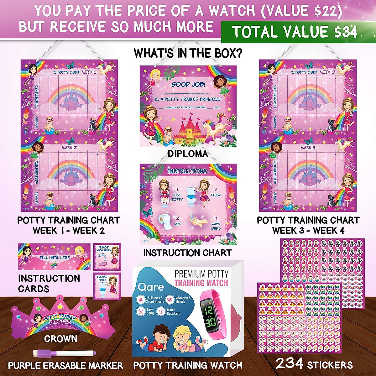 Premium Potty Training Watch & Charts Bundle - Only Watch with Multiple Alarms (16) to Fit Your Schedule & Easy to Use Smart Timer - Water Resistant - Princess Theme (Pink)