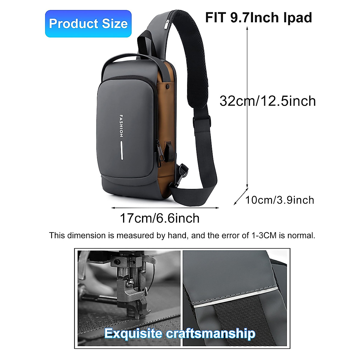 Geanbun Sling Bag for Men Anti-Theft USB Crossbody Backpack Waterproof Chest Daypack Lightweight Shoulder Bag (Grey)