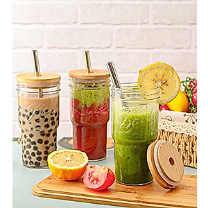 4Pack Glass Tumbler Cups with Bamboo Lids and Straws, 22oz Iced Coffee Cups-Reusable Mason Jar Drinking Glasses for Bubble Tea, Beer, Smoothie