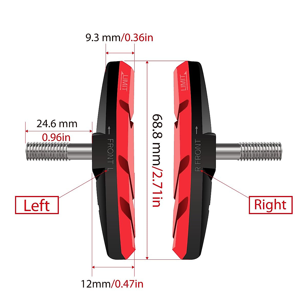 2 Pairs Bicycle V-Brake Pads, Bike 70mm V Brake Blocks Set, Cantilever Brake Pads, Red Black