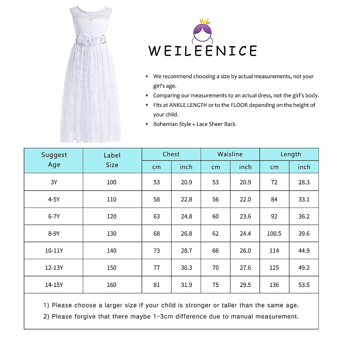 Weileenice Boho Flower Girls Dress Ribbon Belts Wedding Bridesmaid Ball Gown Big Girl Dedication Baptism Communion Lace Formal Long Dresses White 8-9 Kids Birthday Party Gowns Accessory Sash Holiday
