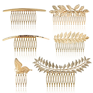 6 Pack Vintage Hair Side Combs Metal for Women Girl, Bridal Leaf Decorative Clips Gold French Twist Hair Slide Comb with Teeth Grip for Bride Wedding Headpiece Hair Accessories