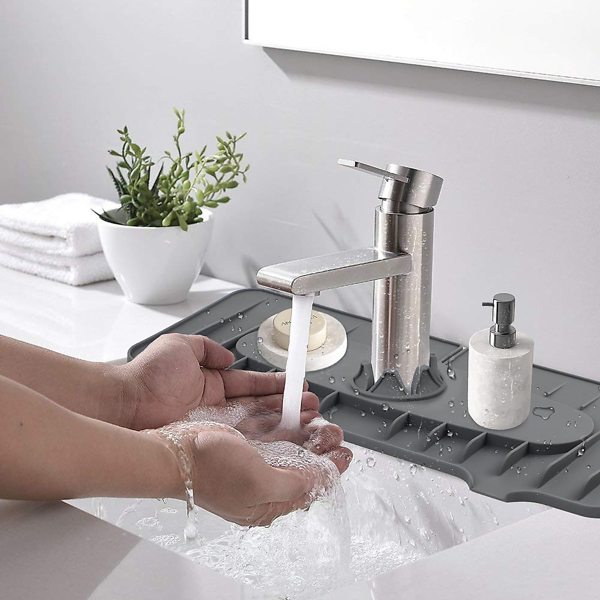 Silicone Faucet Splash Guard, 14.25 Inch Faucet Water Catcher Mat, Two water outlets Silicone Sink Mat, Faucet Handle Drip Catcher Tray Mat for Kitchen Countertop and Bathroom Sink Protectors (Grey)