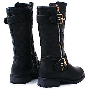 JJF Shoes Kids Girls Mango21 Black Dual Buckle/Zipper Quilted Mid Calf Motorcycle Boots-9