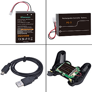 Hisewen PS3 Controller Battery, 2 Pack LIP1359 Replacement Battery Pack for Sony Playstation 3 PS3 Dualshock 3 CECHZC2E CECHZC2U Controller with USB Cable+Tools