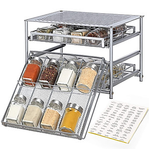 NEX 3 Tier Spice Rack Organizer, Spice Organizer Drawer for Kitchen Cabinet or Countertop, Silver