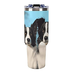 LLUTSNTH 40 Oz Vacuum Tumbler with Black Handle Leakproof Insulated Tumbler Border Collie Stainless Steel Travel Mug with Lid And Straw Coffee Cup Cute Water Bottles Cup Holder Friendly