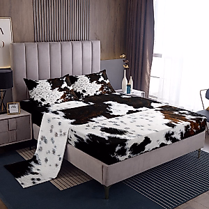 Manfei Cow Fur Sheet Set Full Size White Black Brown Cowhide Bedding Set for Kids Boys Teens Room Decor Animal Skin Print Bed Sheet Set 4pcs with Deep Pocket Fitted Sheet + Flat Sheet + 2 Pillowcases