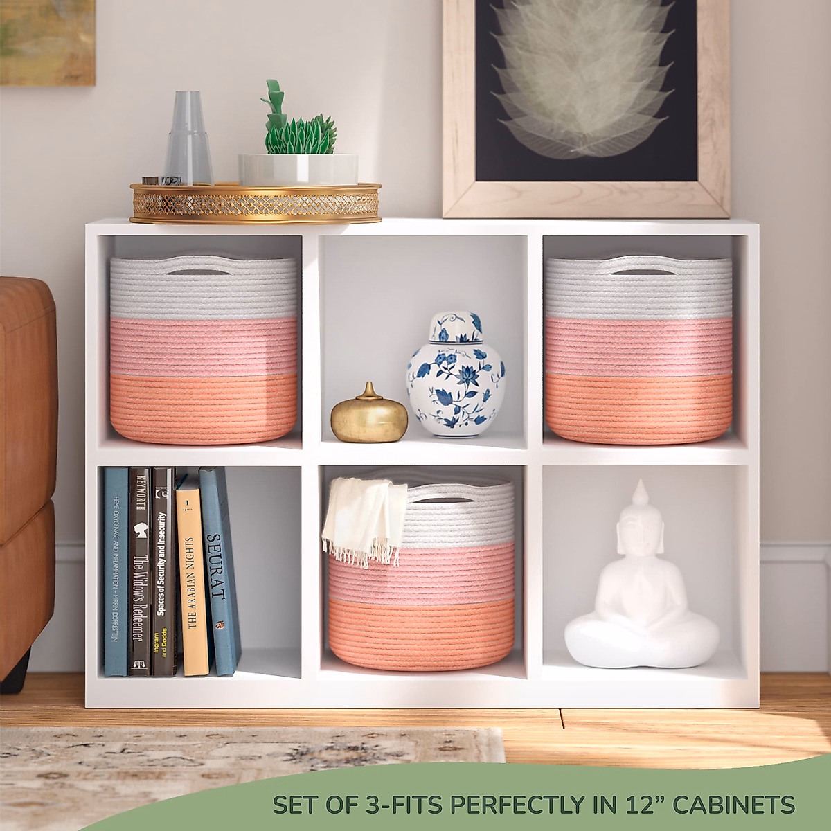 Eco Living Recycled Cotton Rope Storage Cube Basket, Plant Basket Multi-Purpose Woven Cube Organizer/Shelves, Closet Storage Bins, Nursery Kids Room Organizer 11 Inch Set of 3 - White & Pink