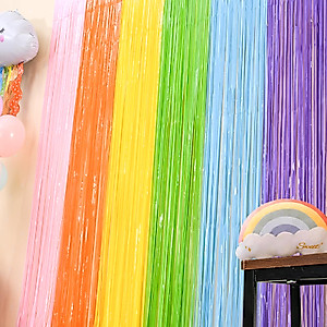 LOLStar Candyland Party Decorations, 2 Pack 3.3x6.6ft Pastel Rainbow Foil Fringe Curtains, Tinsel Curtains Photo Booth Prop Streamer Pastel Backdrop for Cocomelon Home Decor Easter Bunny Decorations