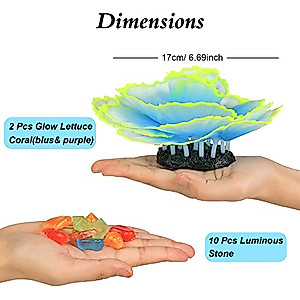Livfodrm Glowing Fish Tank Decorations Glow Aquarium Decor Coral Ornaments, 2pcs Silicone Flower Plants and 10pcs Colourful Sea Shells/Luminous Stone Glow in The Dark for Aquarium Decoration