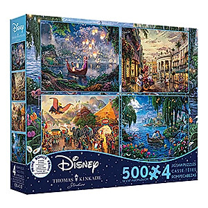 Ceaco - 4 in 1 Multipack - Thomas Kinkade - Disney Dreams Collection - Tangled, Mickey and Minnie Mouse, Dumbo, & The Little Mermaid - (4) 500 Piece Jigsaw Puzzles , Blue