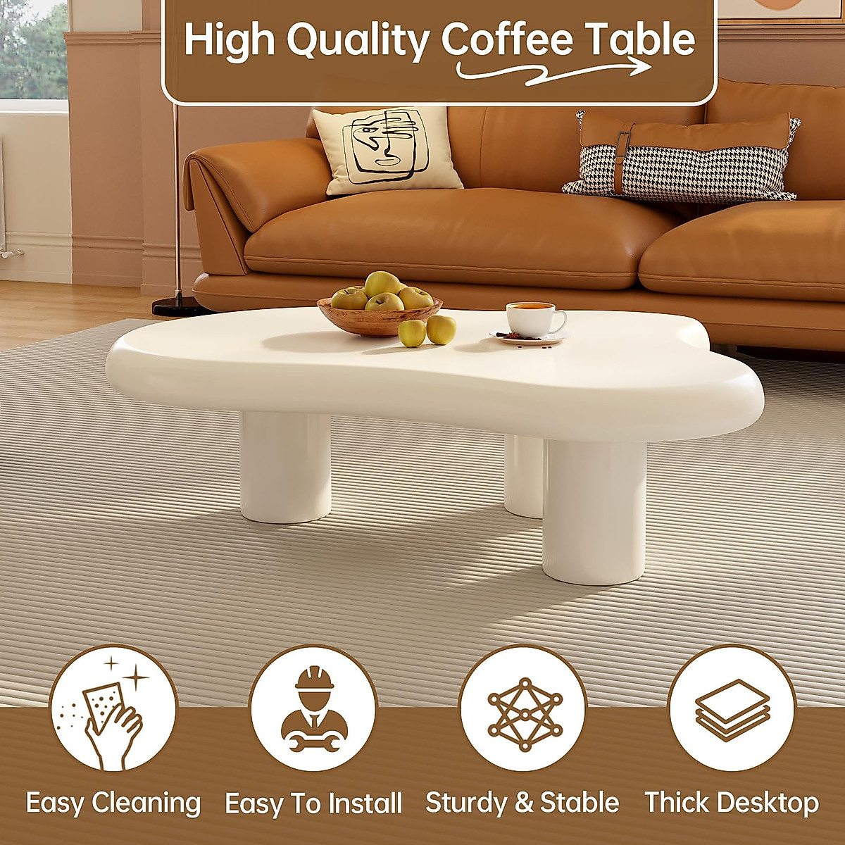 Guyii Cloud Coffee Table, Black Coffee Table for Living Room, Cartoon Irregular Indoor Tea Table, Modern End Table with 3 Legs (White, 41.02 Inch)