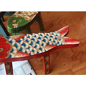 Kelendle Small Wooden Stool Hand Carved Wooden Foot Stool Children's Fish Stool Vintage Wood Stool Crafted Hand-Painted Wood with Two-Legged Stool Red