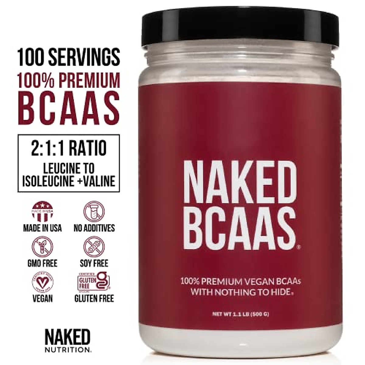 Naked BCAAs Amino Acids Powder, Only 1 Ingredient, 100% Pure 2:1:1 Formula, Vegan Unflavored Branched Chain Amino Acids, Instantized All Natural BCAA Powder Supplement - 500 Grams, 100 Servings