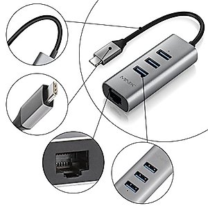 MINIX NEO-C-UEGR, Aluminium USB-C to 3-Port USB 3.0 and Gigabit Ethernet Adapter - for Windows, Mac and Chrome OS, Grey
